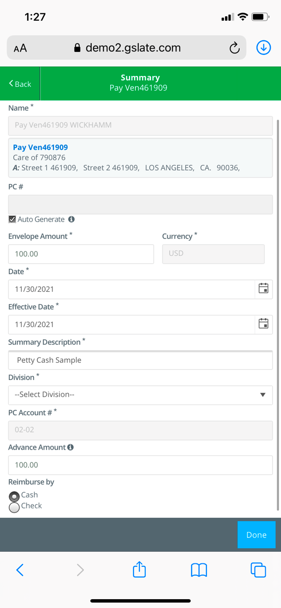 How to: Create a Petty Cash Envelope (mobile)